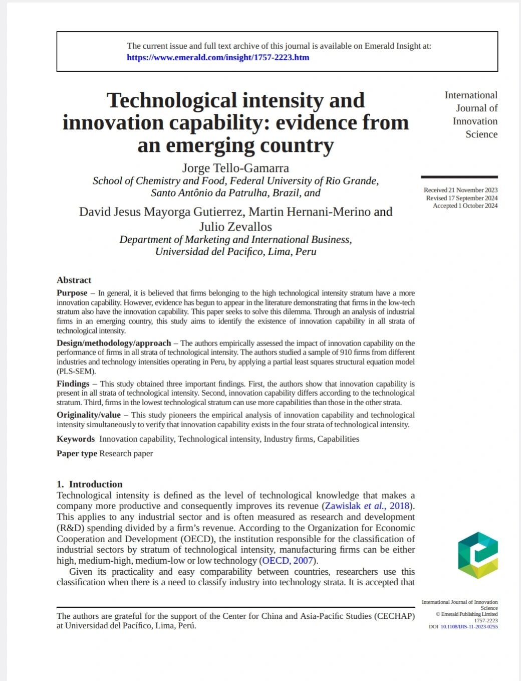 Technological intensity and innovation capability: evidence from an emerging country - Centro de ...