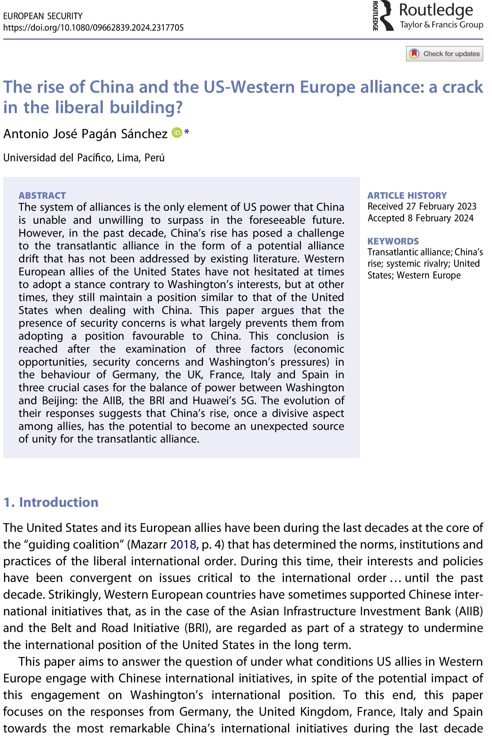 The rise of China and the US-Western Europe alliance: a crack in the ...